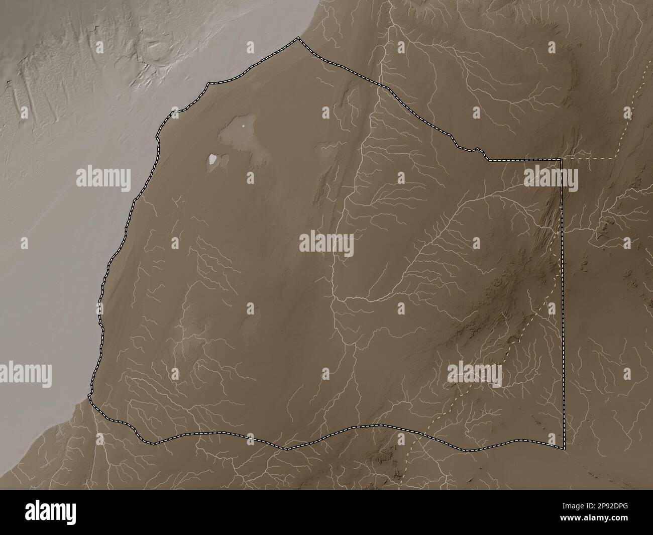 Boujdour, province of Western Sahara. Elevation map colored in sepia ...