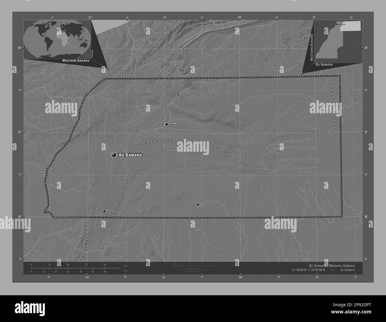 Es Semara, province of Western Sahara. Bilevel elevation map with lakes ...
