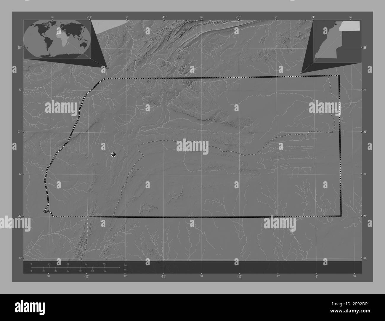 Es Semara, province of Western Sahara. Bilevel elevation map with lakes ...