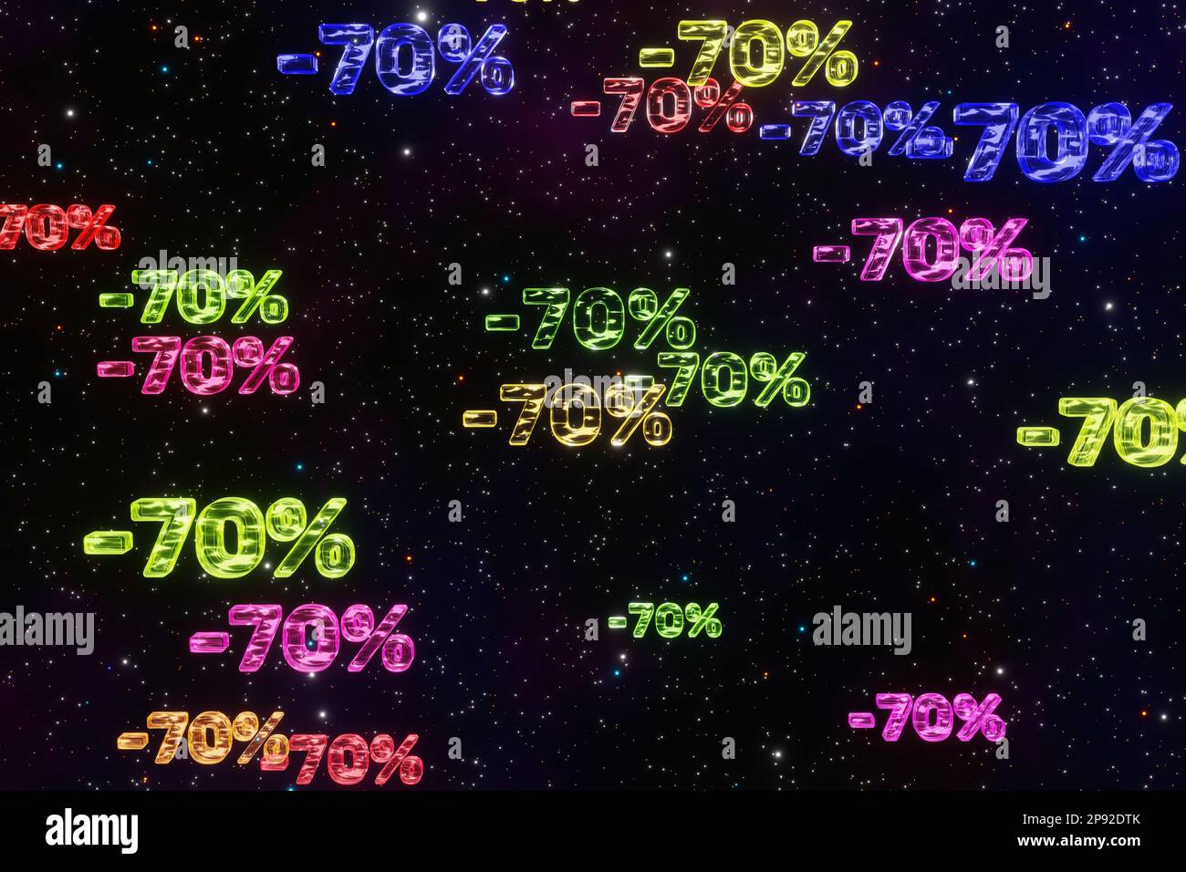 Colorful minus seventy percent symbols fall down isolated on black ...