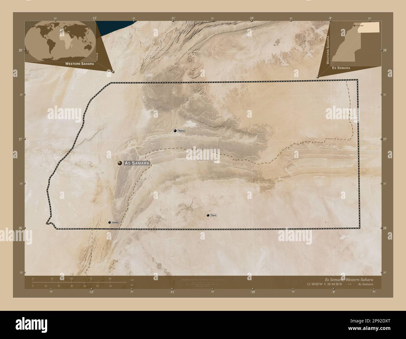 Es Semara, province of Western Sahara. Low resolution satellite map ...