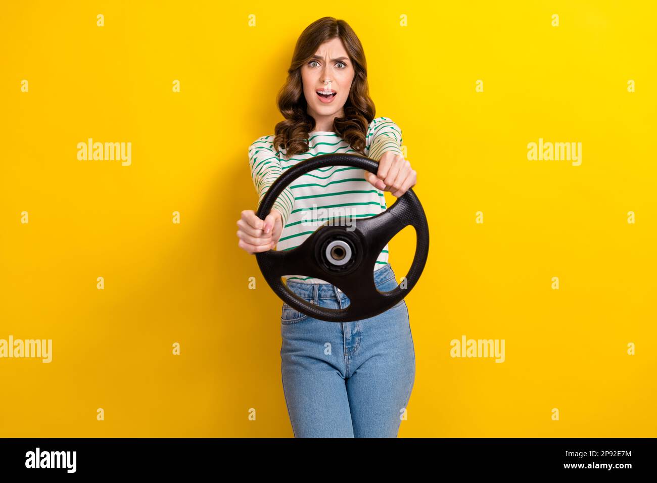 Photo portrait of attractive woman confused fast speed rudder nervous ...