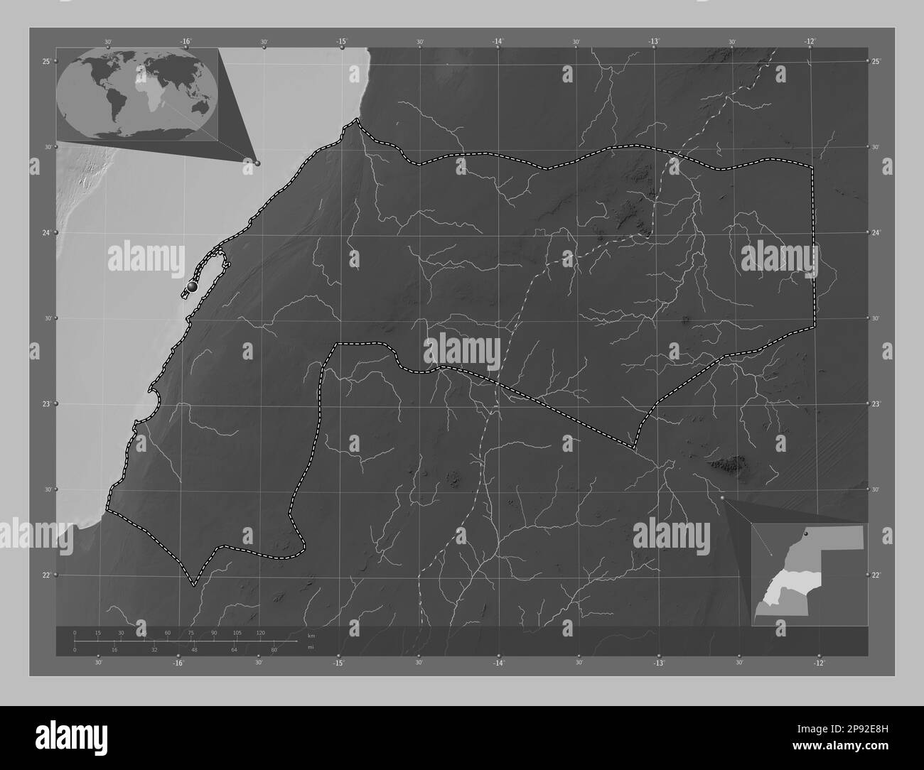 Dakhla-Oued Ed-Dahab, province of Western Sahara. Grayscale elevation ...