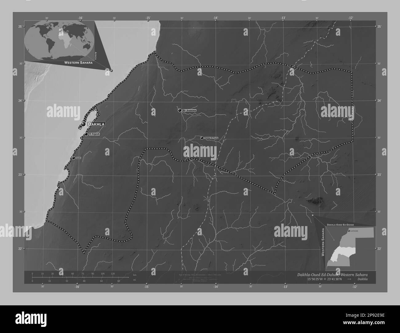 Dakhla-Oued Ed-Dahab, province of Western Sahara. Grayscale elevation ...