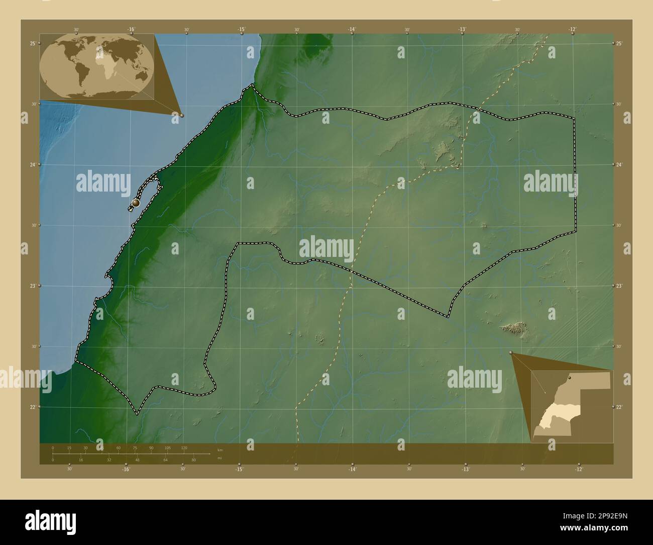 Dakhla-Oued Ed-Dahab, province of Western Sahara. Colored elevation map ...