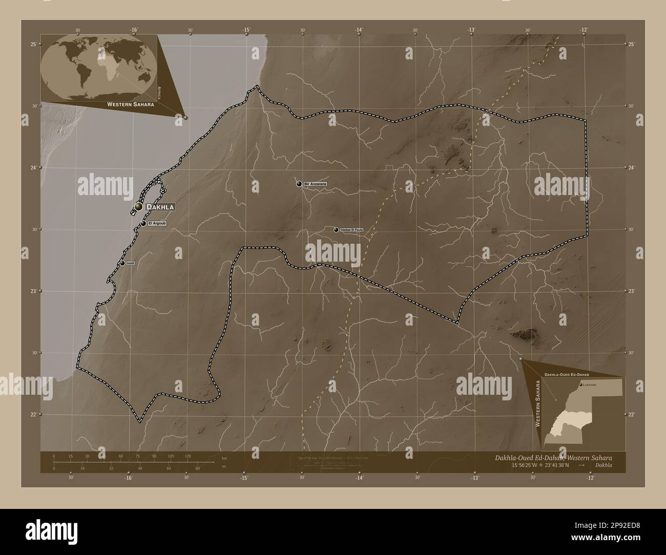 Dakhla-Oued Ed-Dahab, province of Western Sahara. Elevation map colored ...