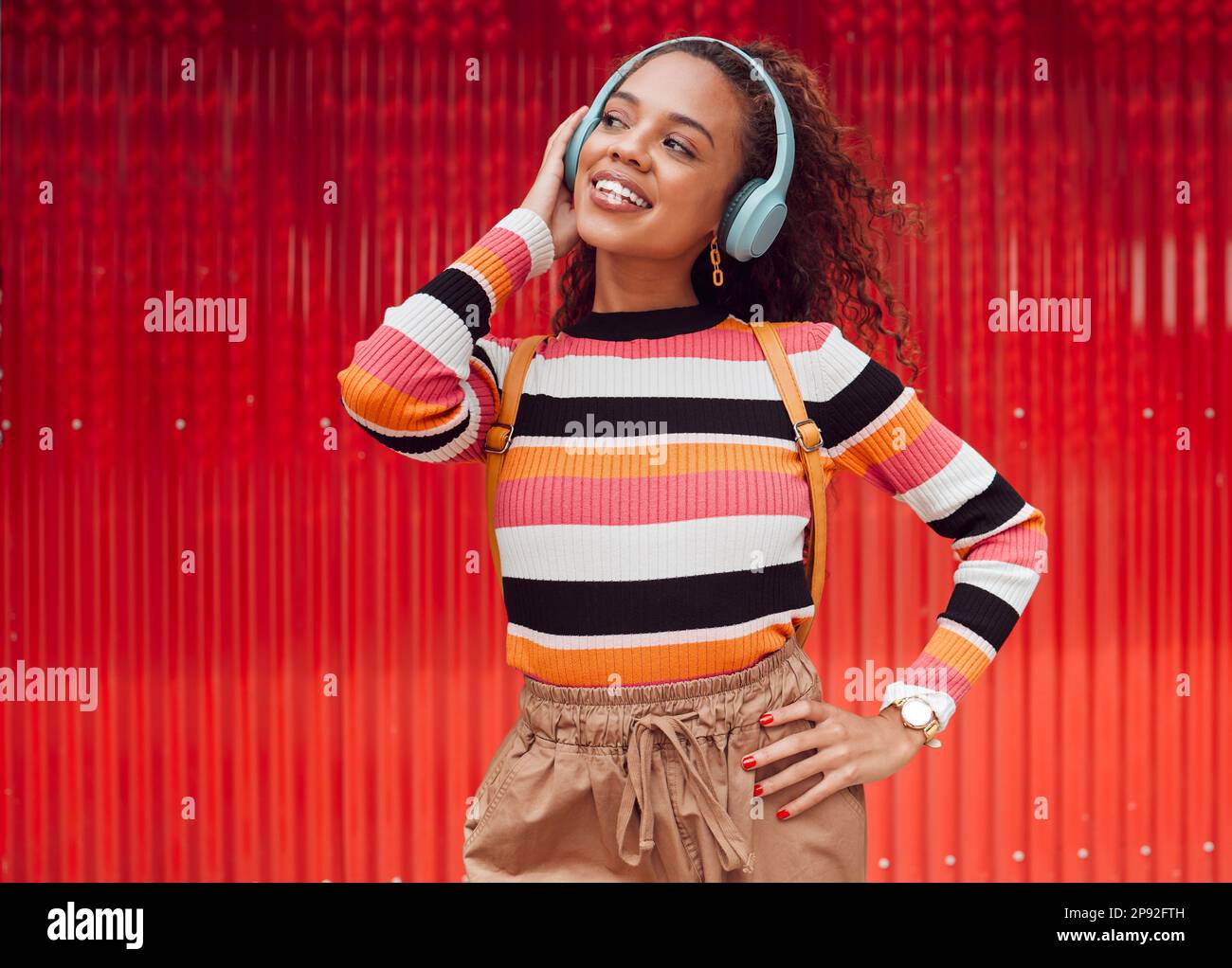 Music headphone streaming, happy and fashion black woman smile outdoor ...