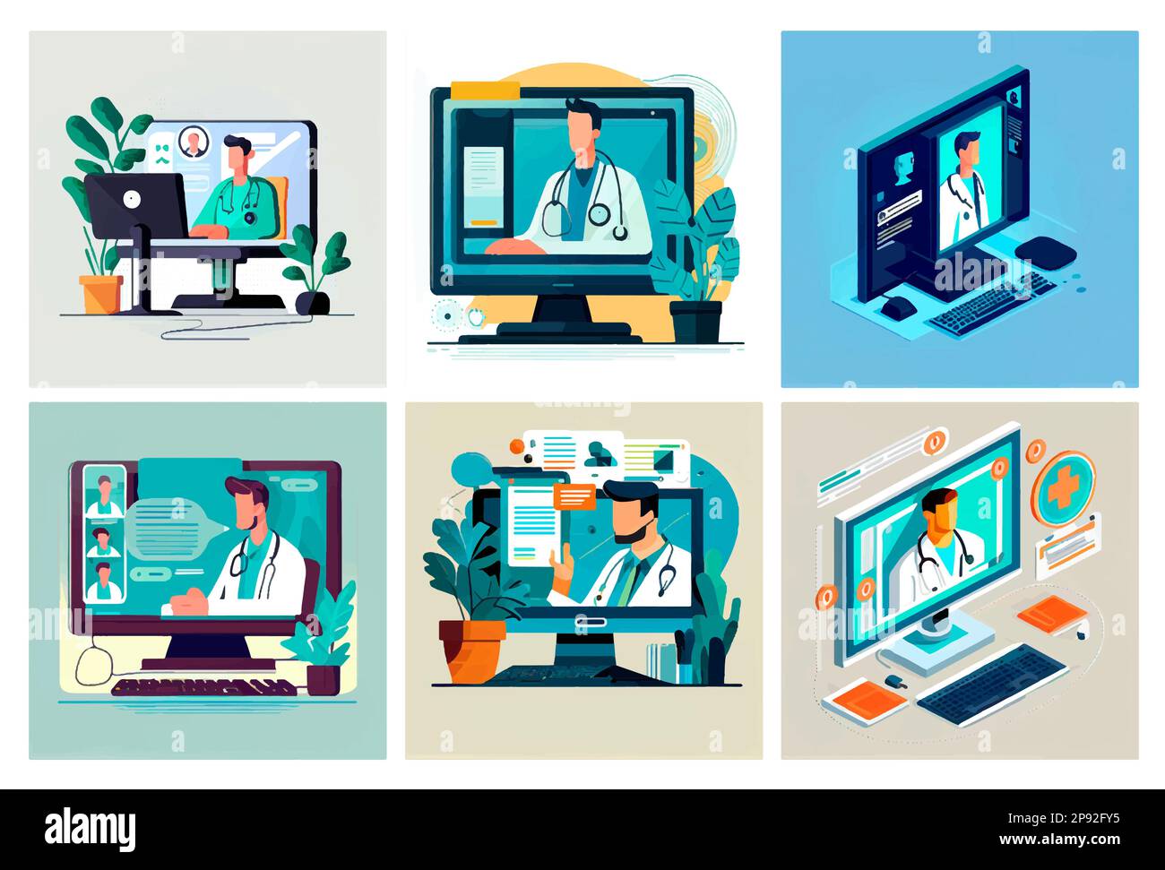 set vector illustration of computer screen with doctor international ...