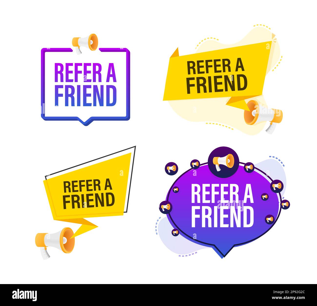 Megaphone label set with text Refer a friend. Megaphone in hand ... Megaphone label set with text Refer a friend. Megaphone in hand ...