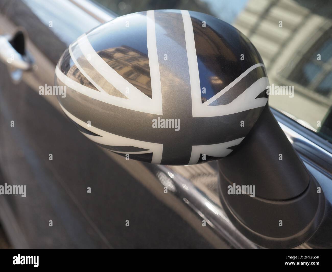 greyscale union jack flag of the United Kingdom on car mirror Stock ...