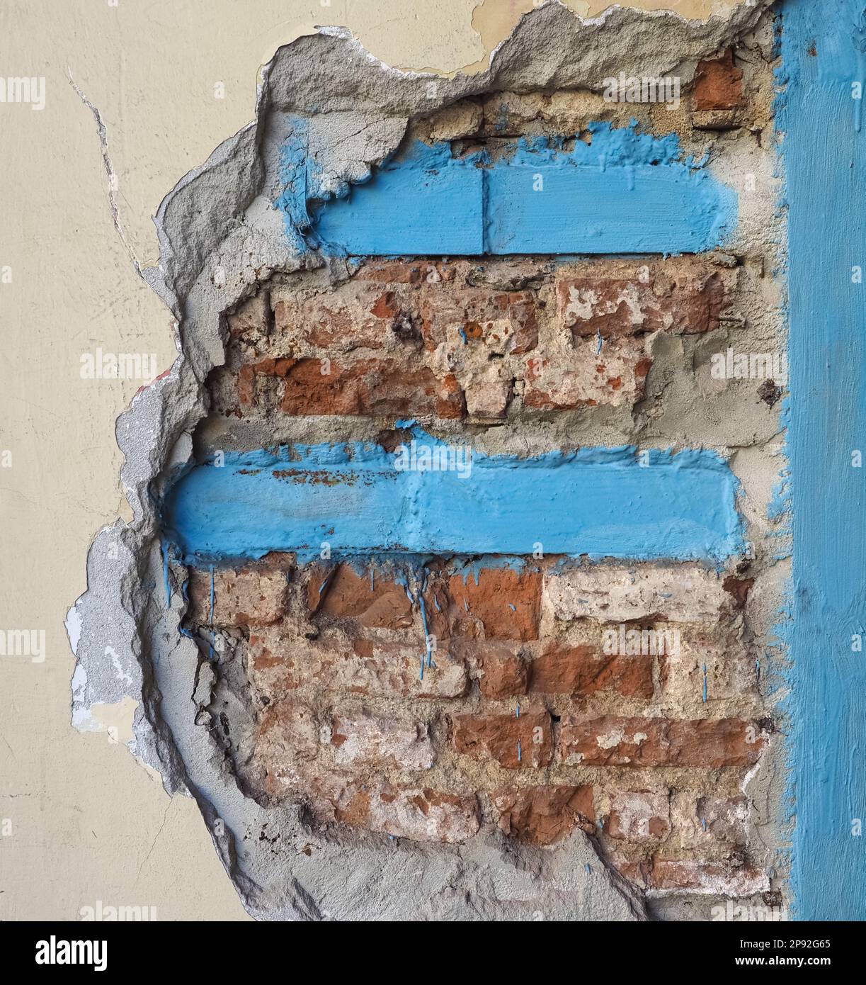 damaged masonry wall reinforced with structural steel bracing Stock ...