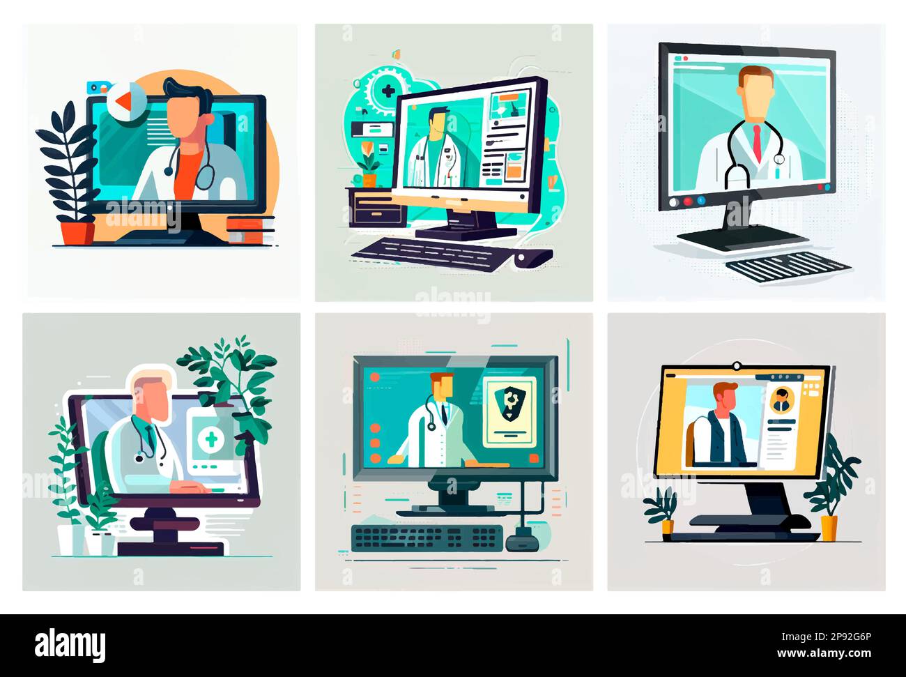 set vector illustration of computer screen with doctor international ...