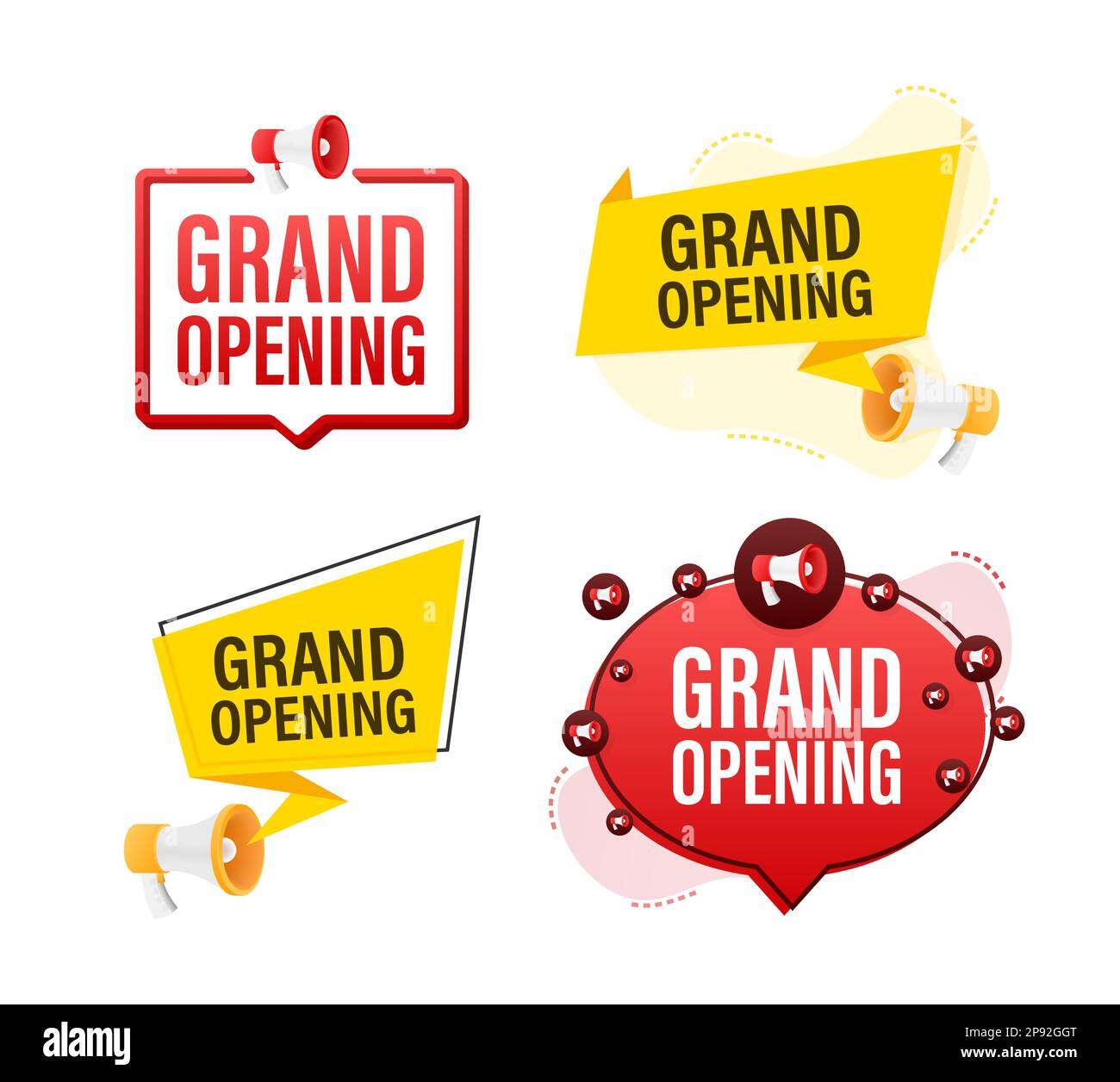 Megaphone label set with text Grand opening. Megaphone in hand ...