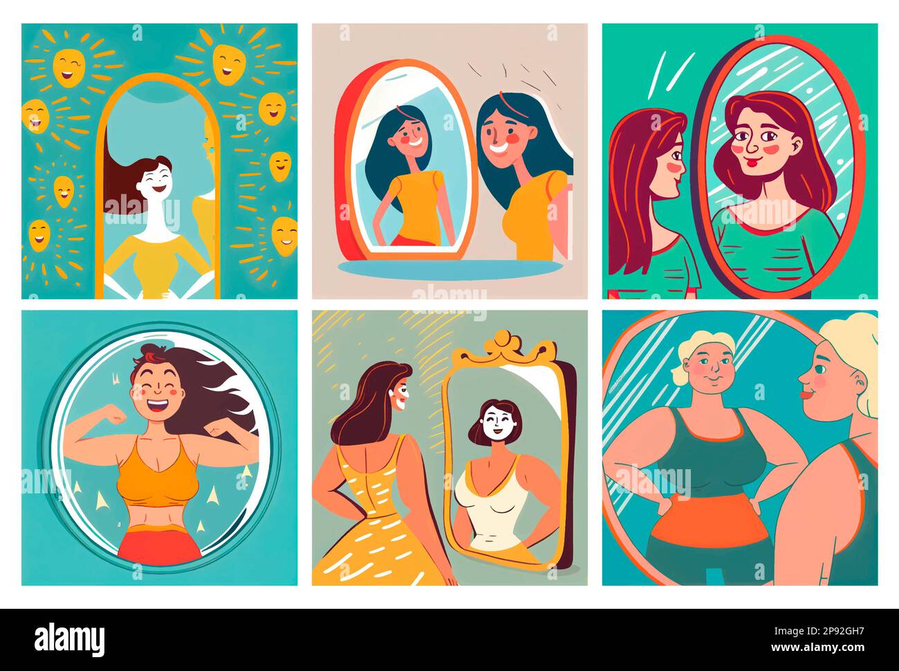 set vector illustration of woman connecting with herself and love her ...