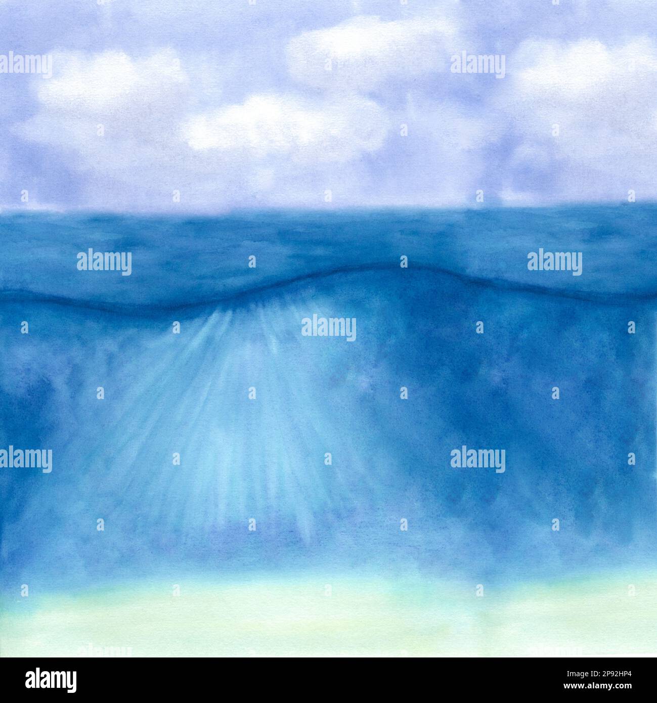 Background with underwater and abovewater seascape. World Ocean. Sky ...