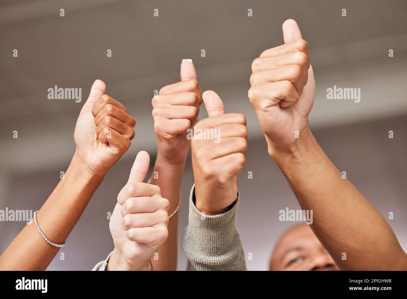Thumbs up closeup, group of people winning, thank you and support with ...