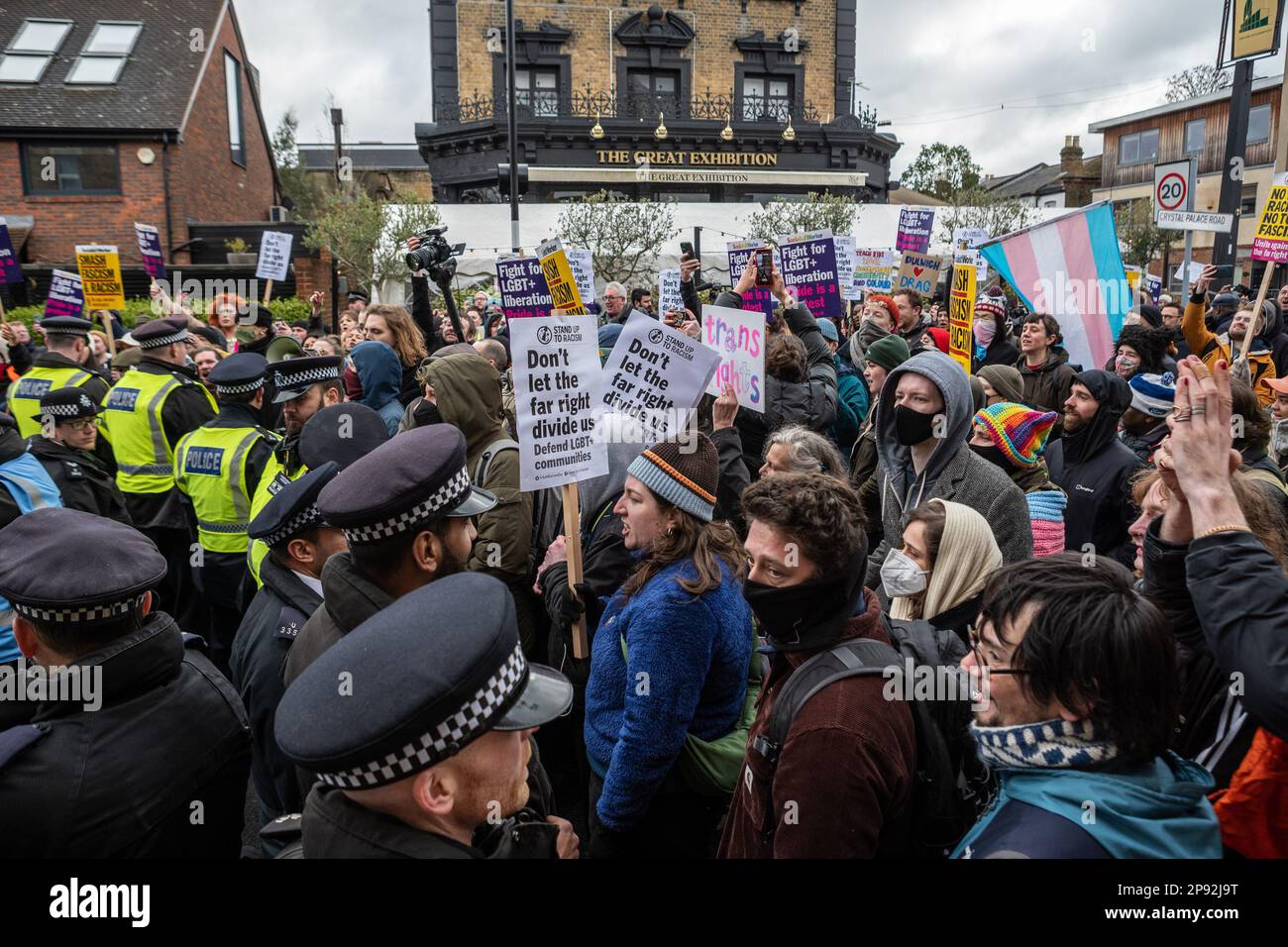 London/UK 10 FEB 2023. A counter protest was organised by a number of ...