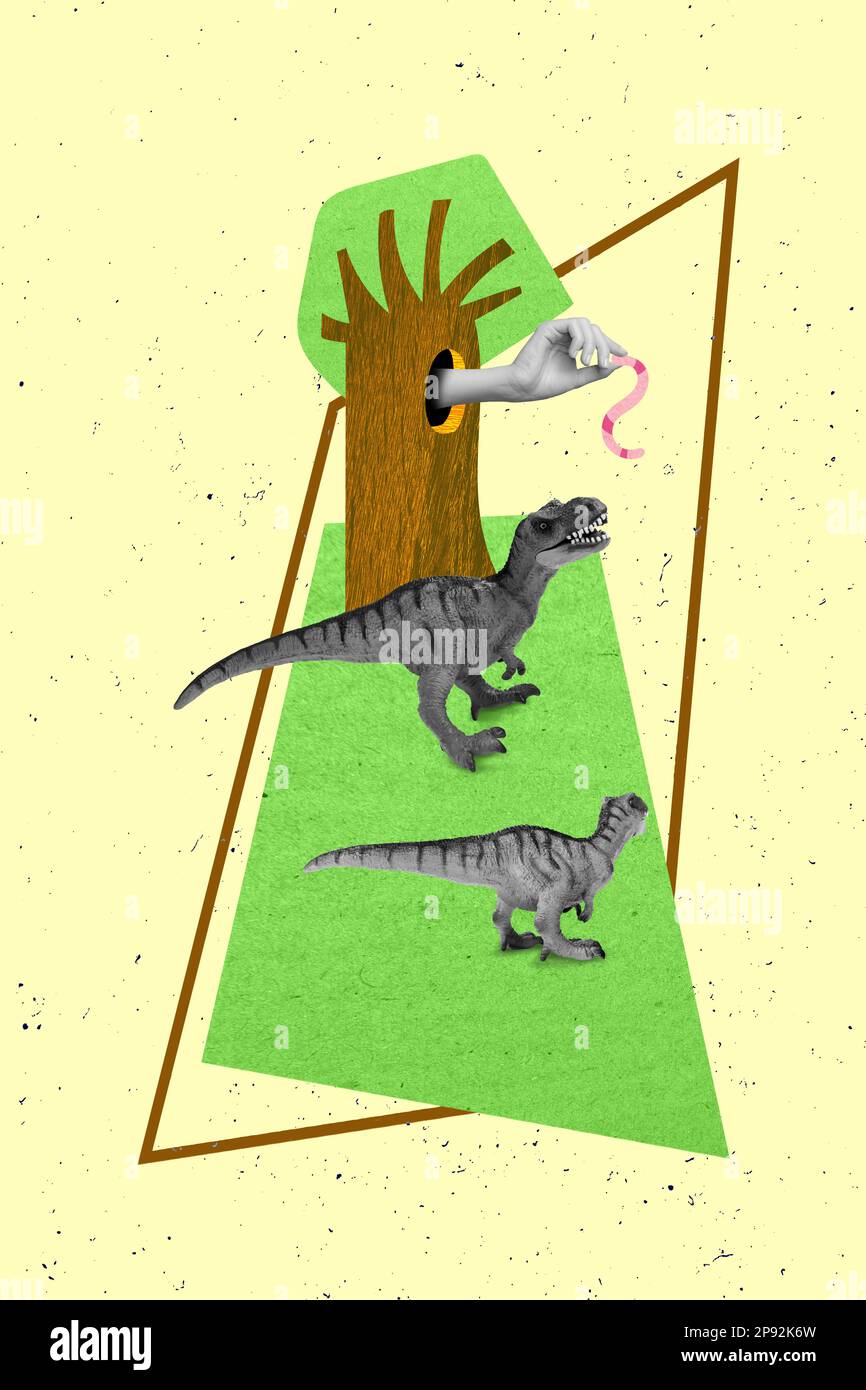 Creative photo collage magazine comics of two miniature ancient ...