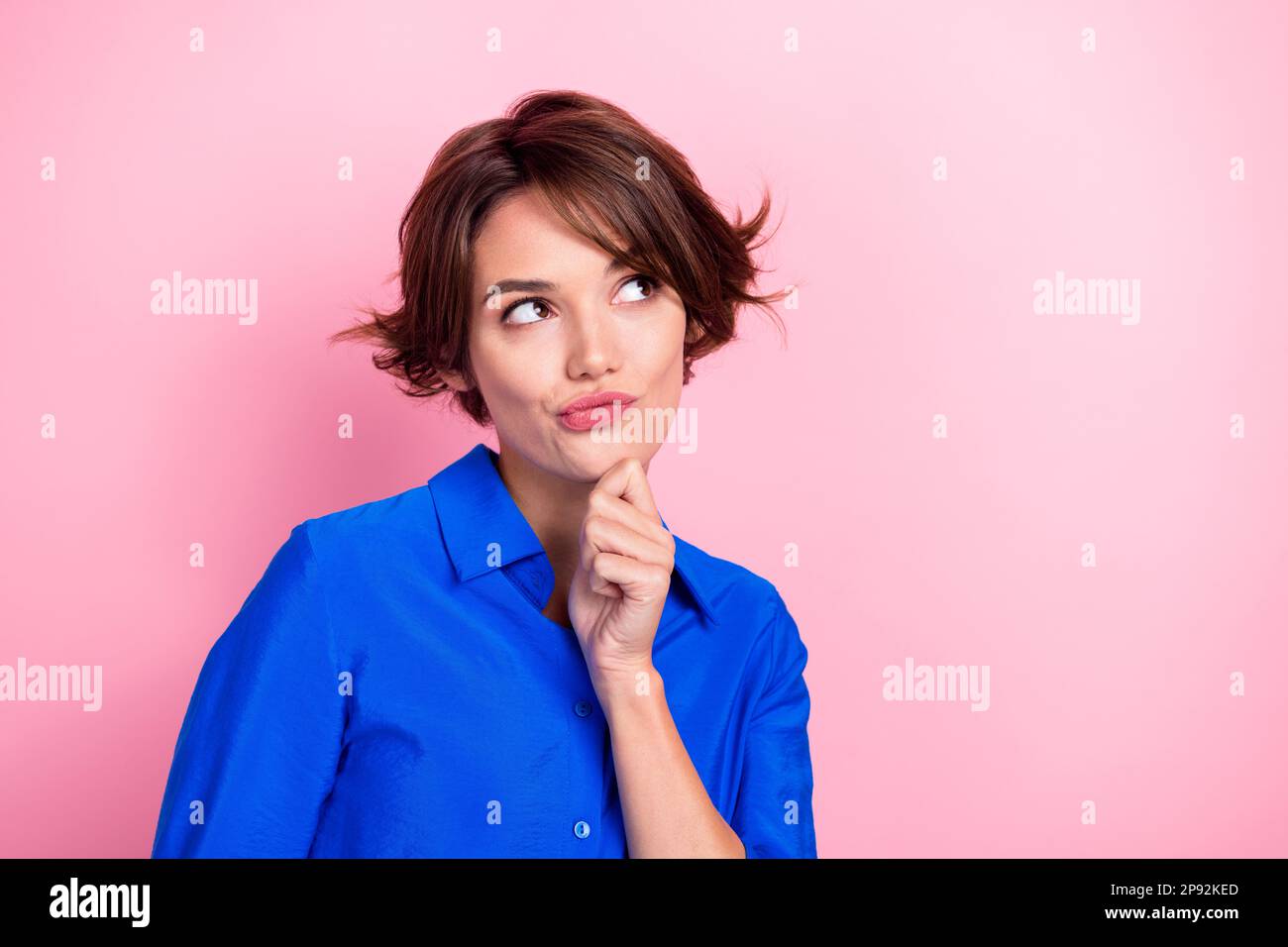 Closeup photo portrait of young deep thinking entrepreneur girl touch ...