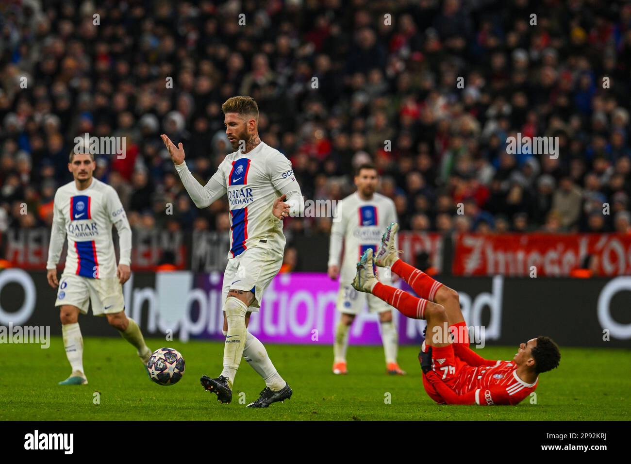 Munich, 8. March 2023, #4 Sergio Ramos PSG, #42 Jamal Musiala FCB ...
