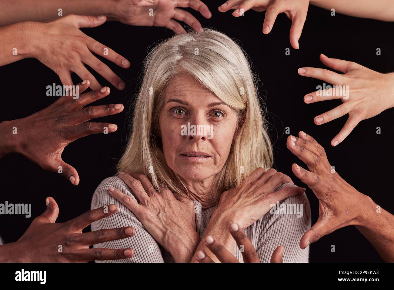 Anxiety, schizophrenia and face of woman with hands reach in horror ...