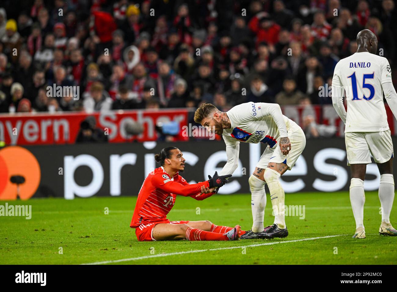 Munich, 8. March 2023, #10 Leroy Sané FCB, #4 Sergio Ramos PSG ...