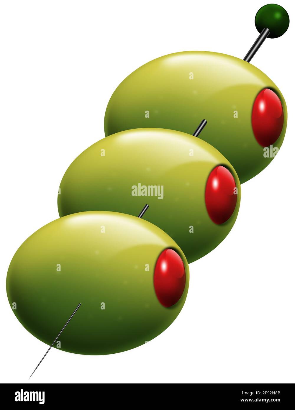 Three green olives stuffed with red pepper (chilli) with toothpick ...