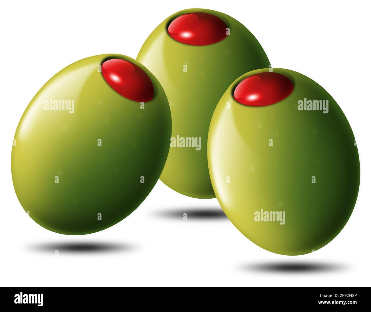 Three green olives stuffed with red pepper (chilli), isolated on white ...