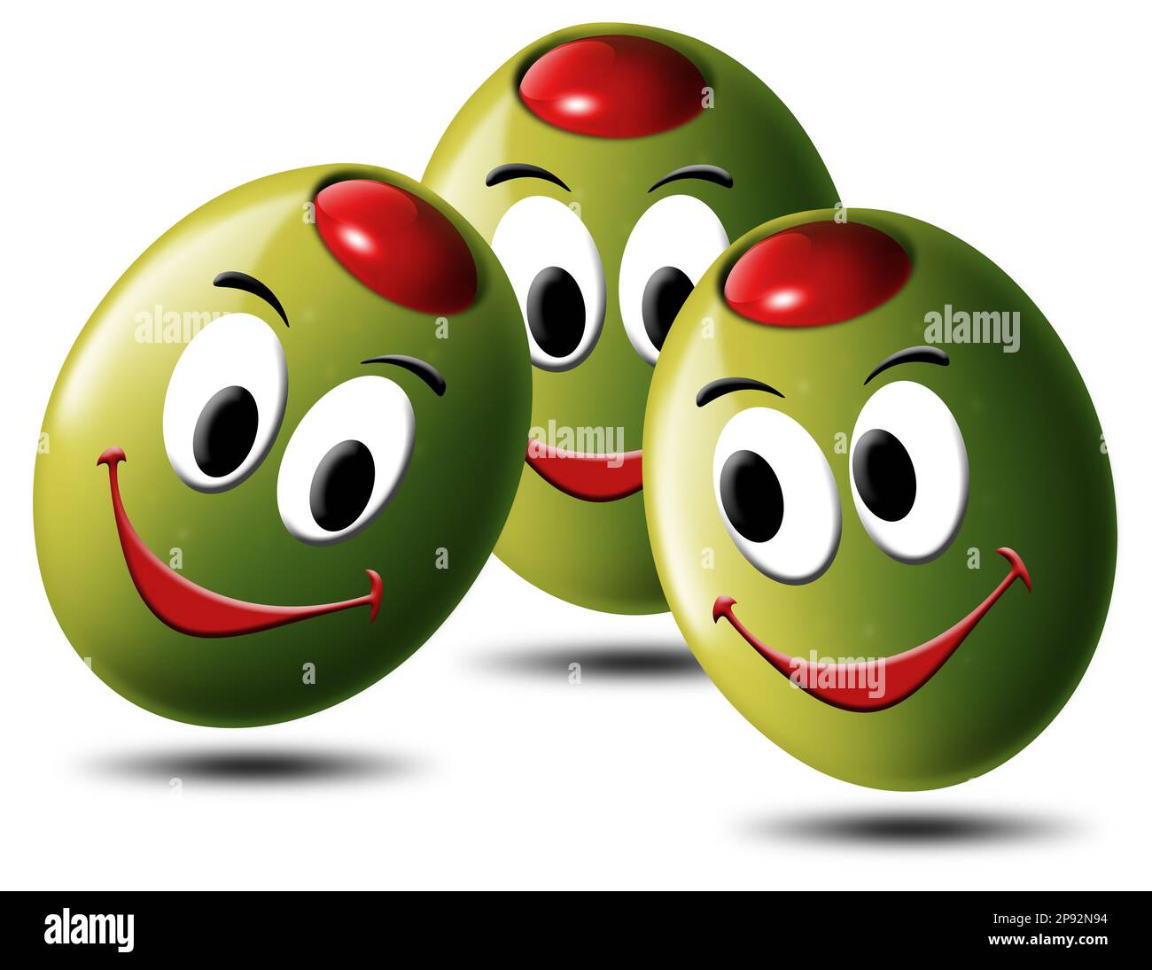 Three green olives stuffed with red pepper (chilli) and smiling faces ...