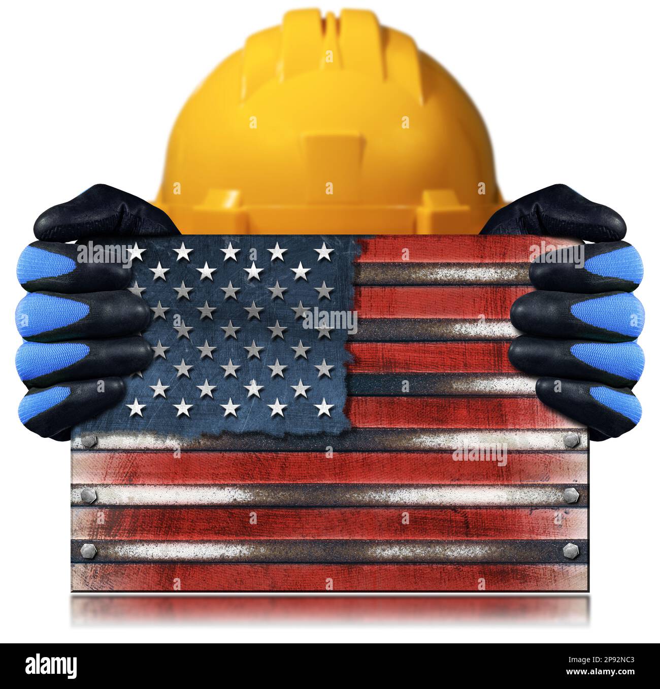 Manual worker with protective work gloves and orange hardhat holding a ...