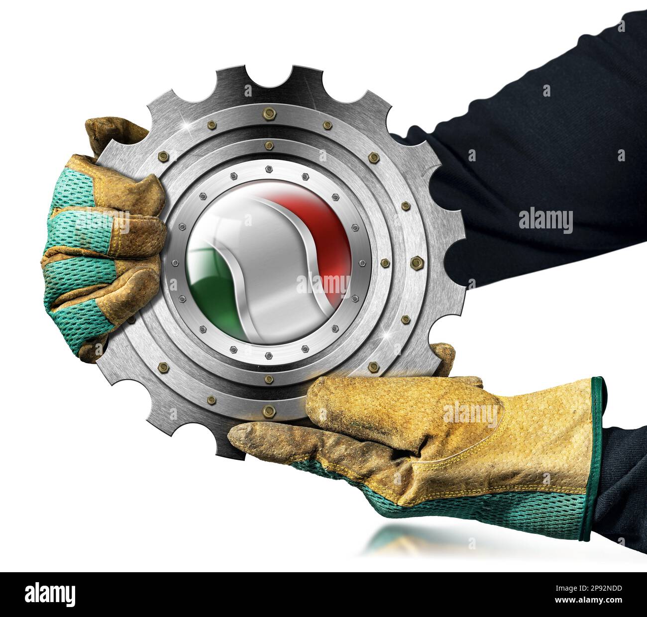 Manual worker with work gloves holding a metallic cogwheel with the ...