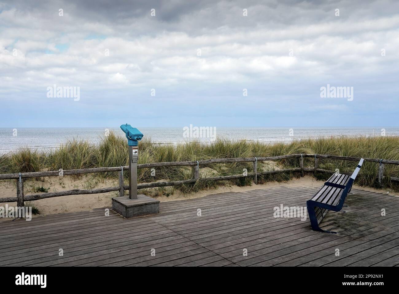 North atlantic beach viewpoint with telescope and bench in Bergen ann ...