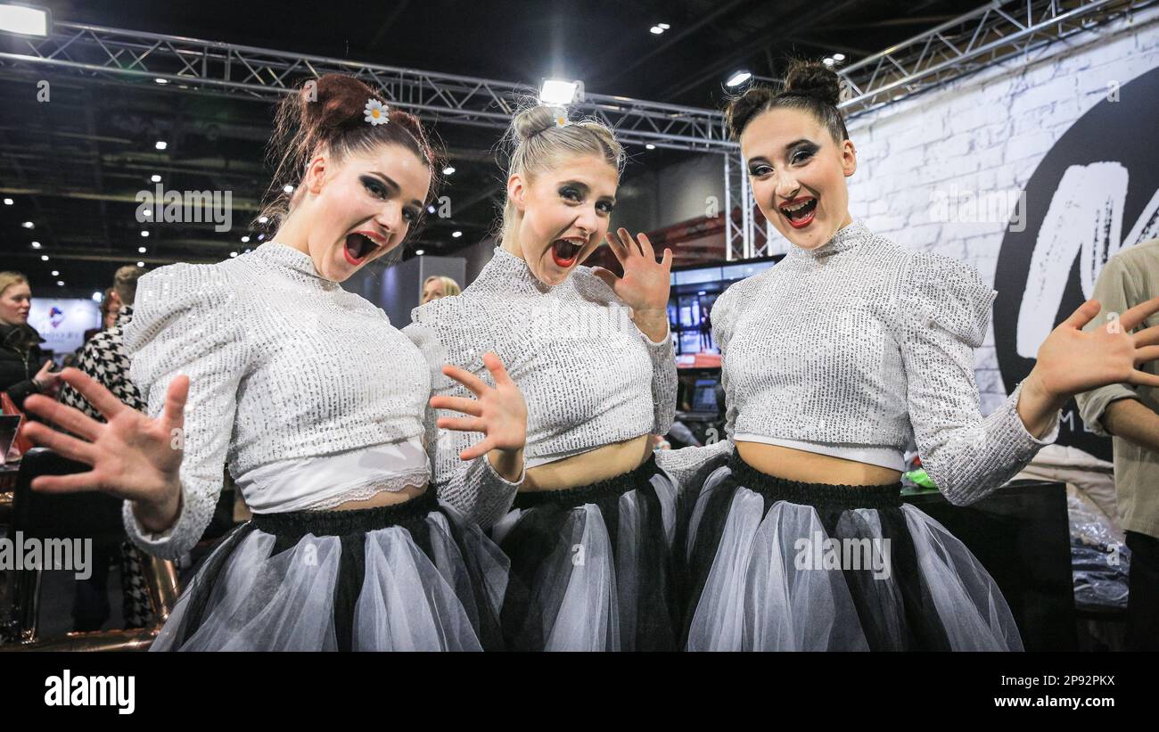 London, UK. 10th Mar, 2023. Three young performers from Mepa College ...