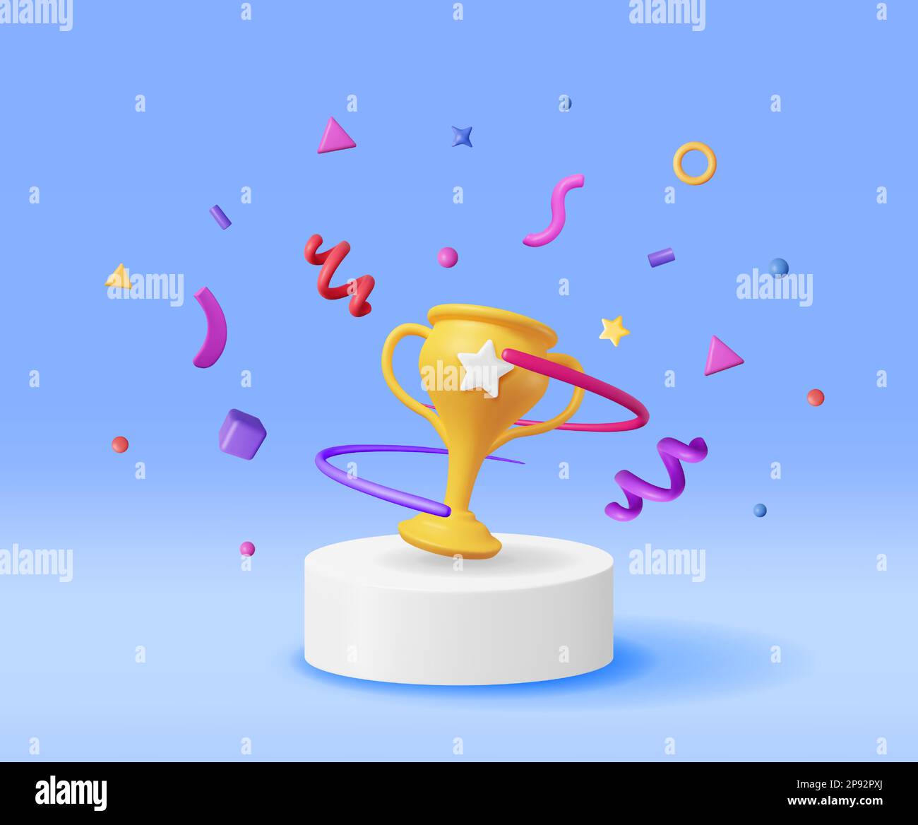 3D Golden Champion Trophy with Confetti on Podium Stock Vector Image ...
