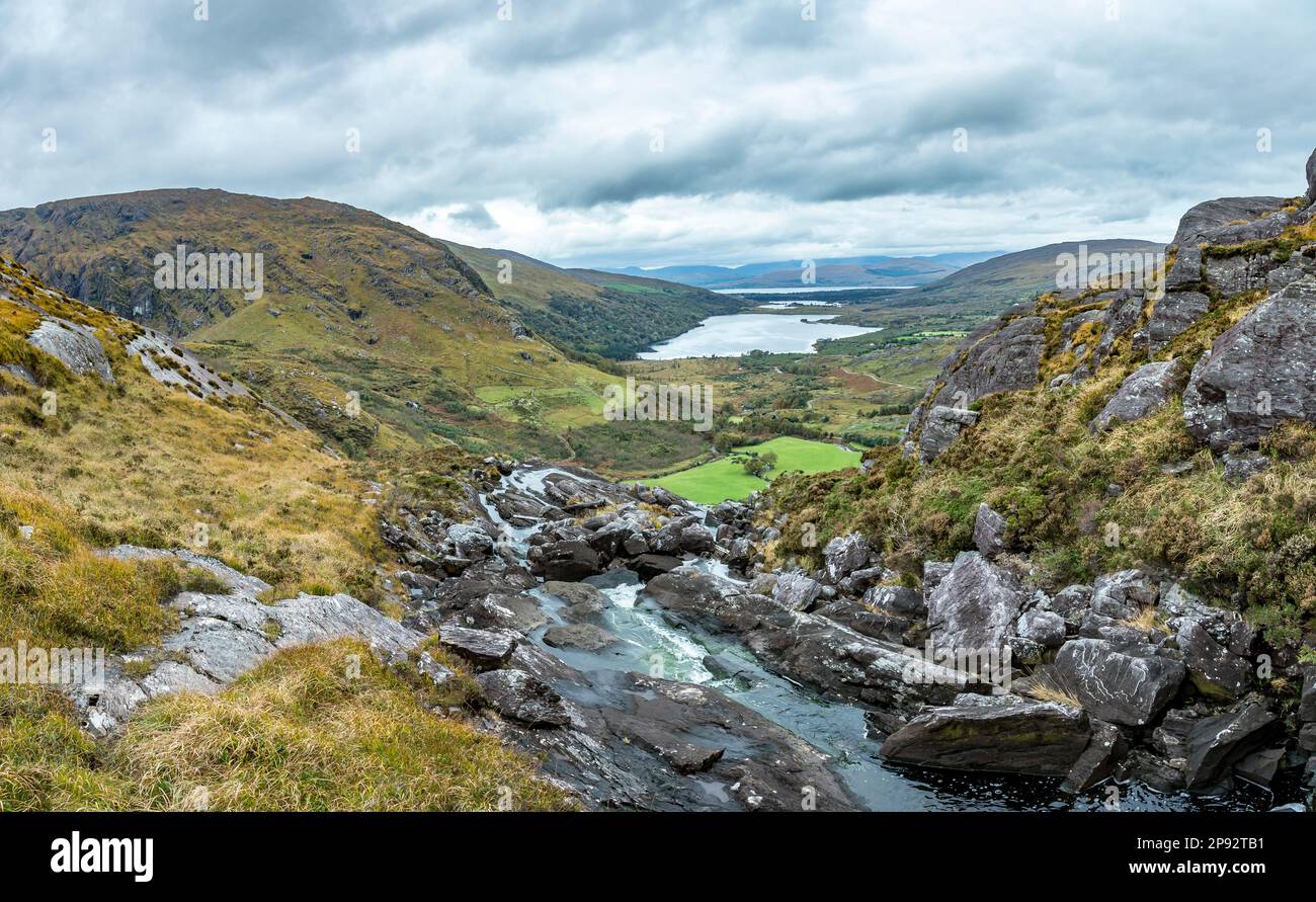 Typical Irish landscape with green meadows and rough mountains Stock ...