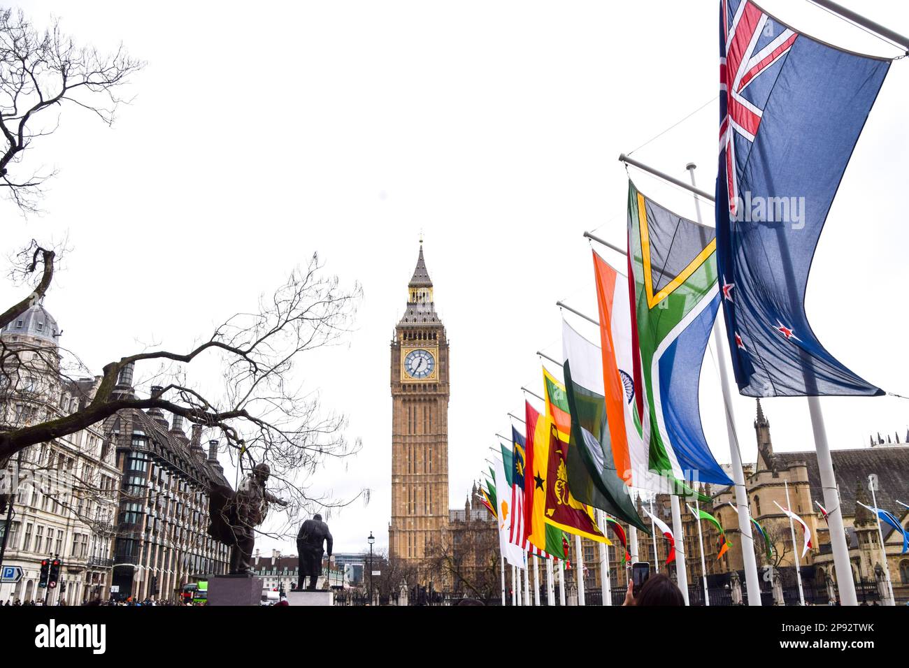 London, UK. 10th March 2023. Flags of Commonwealth countries have been ...