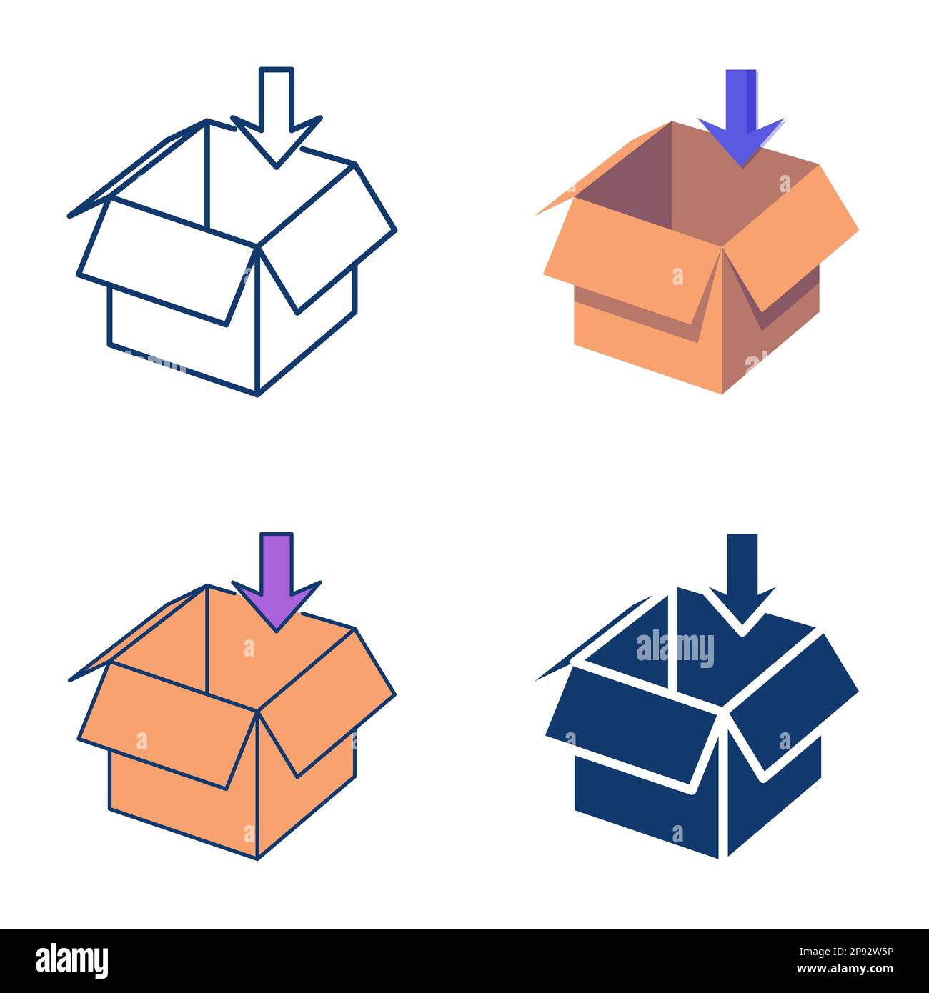 Open cardboard box icon set in flat and line style. Packing, put inside, postal parcel symbol ...
