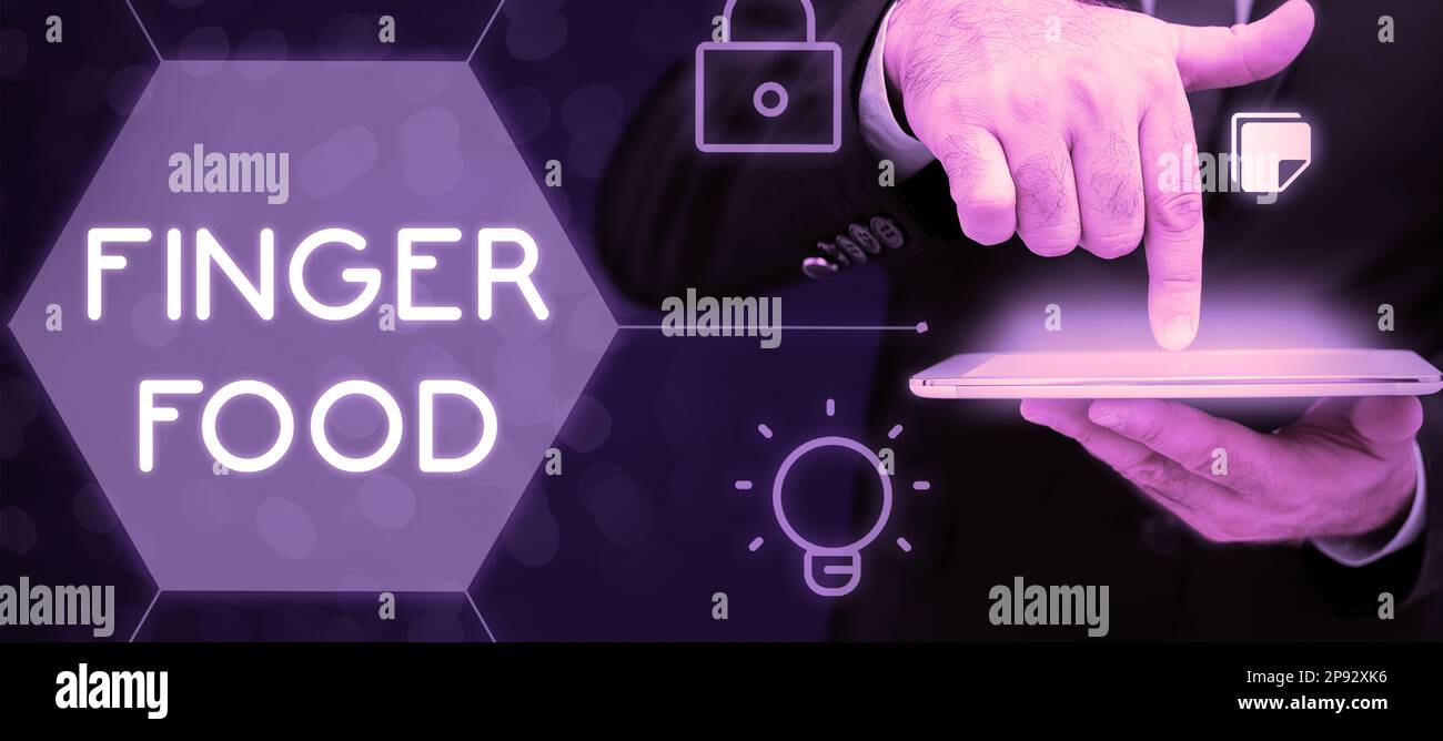 Handwriting text Finger Food. Word Written on products and digestives ...