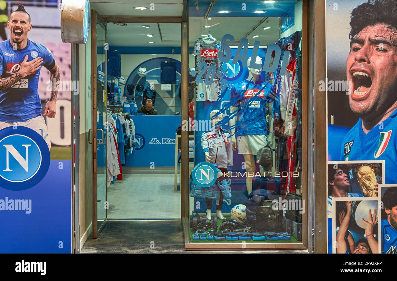Naples, Italy - March 28,2019: A shop for local football fans, in the ...