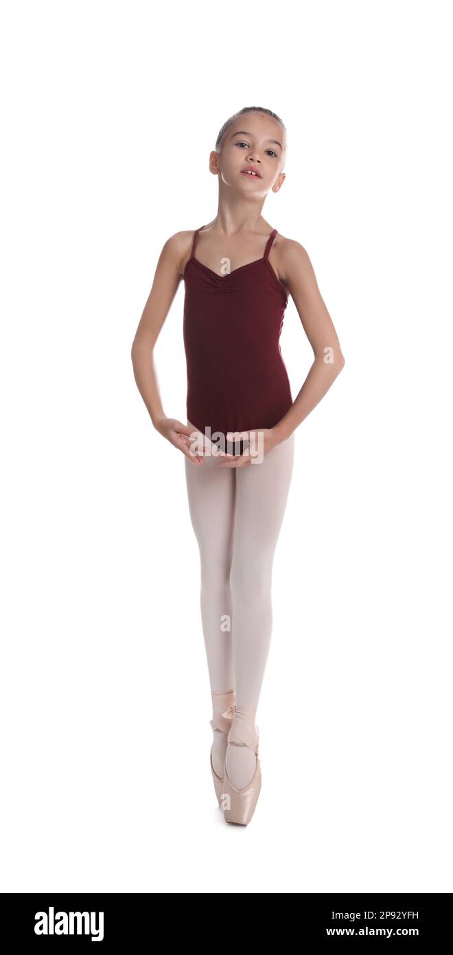 Little ballerina practicing dance moves on white background Stock Photo ...