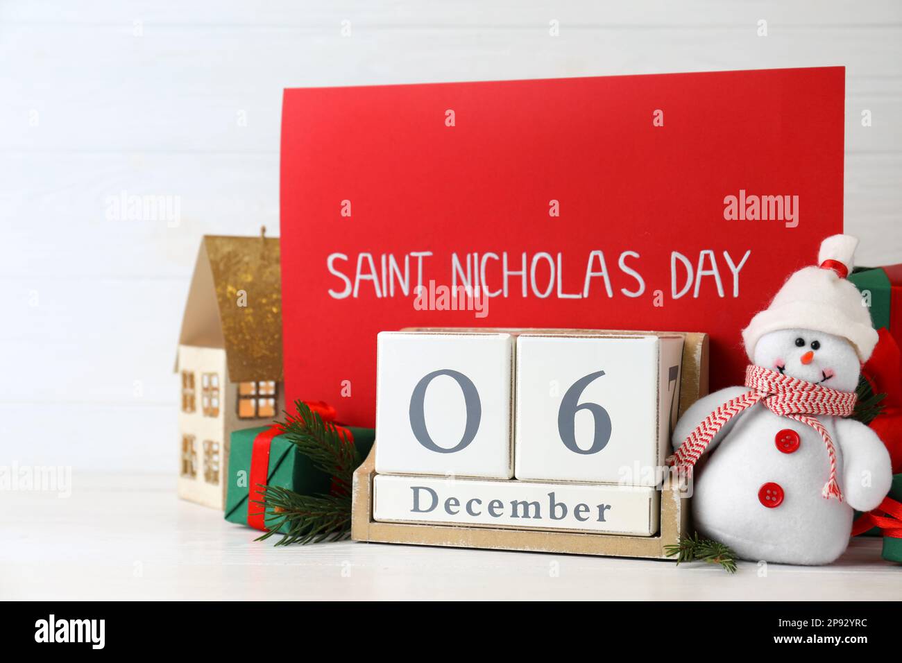 Saint Nicholas Day. Block calendar with date December 06, red card and ...
