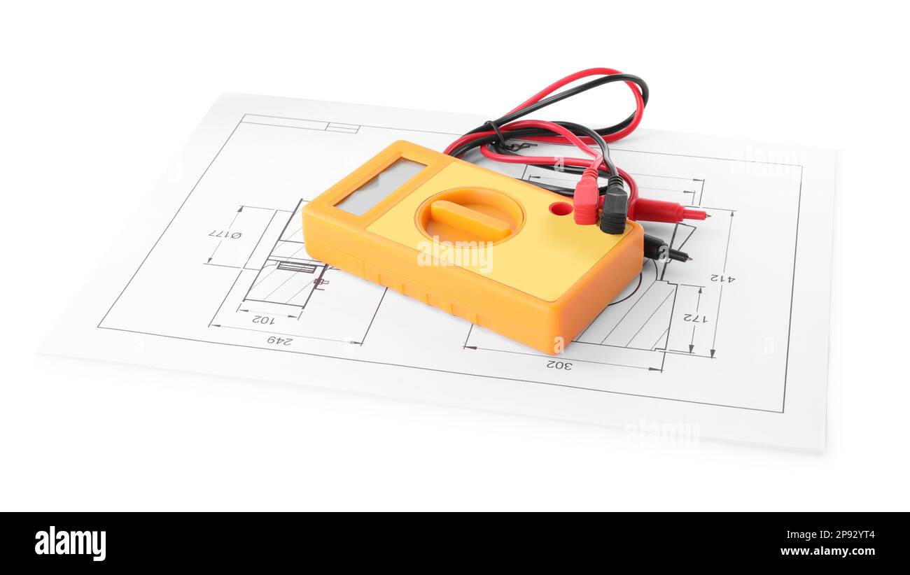 Digital multimeter and blueprint on white background. Electrician's ...