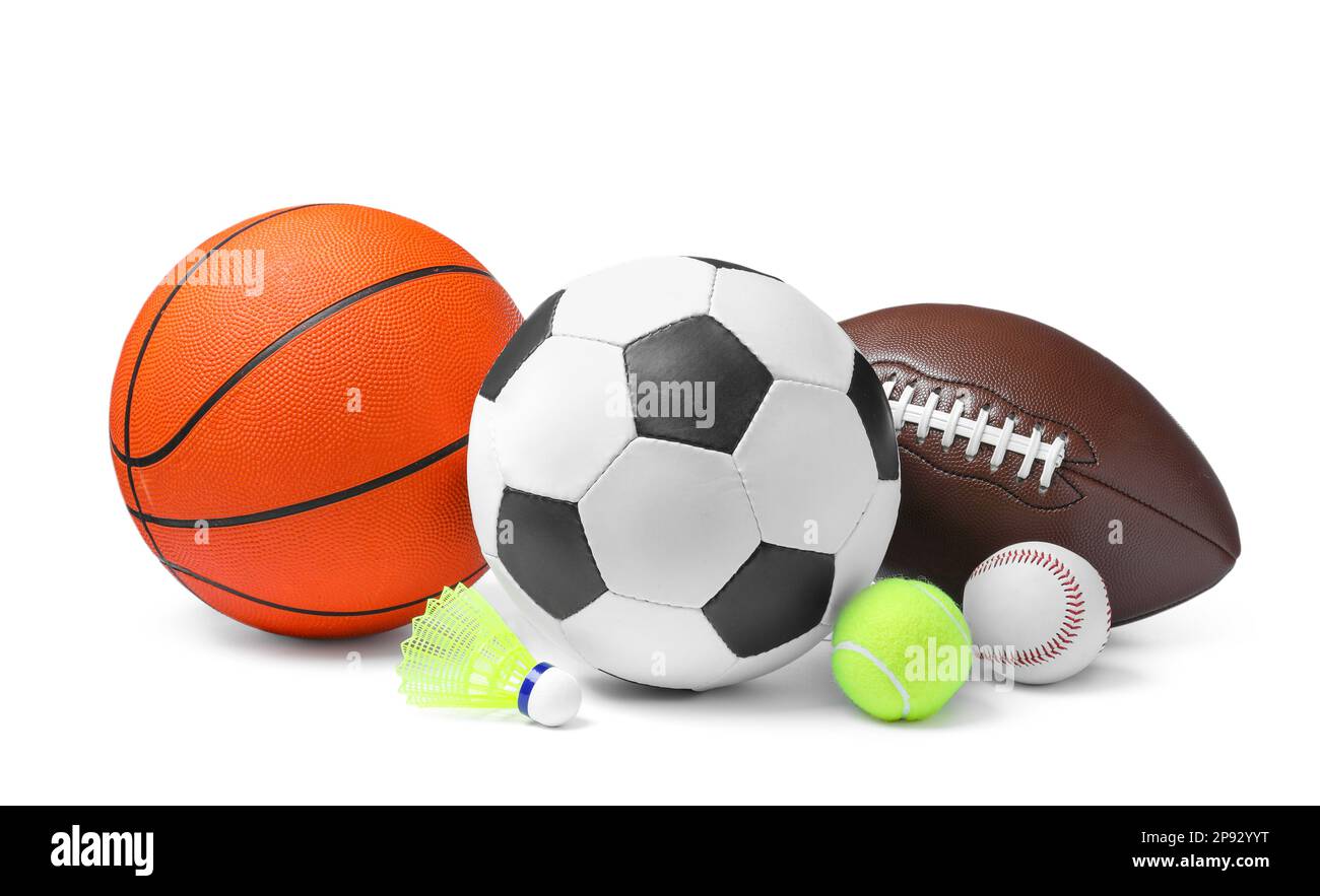 Set of different sport balls and shuttlecock on white background Stock ...