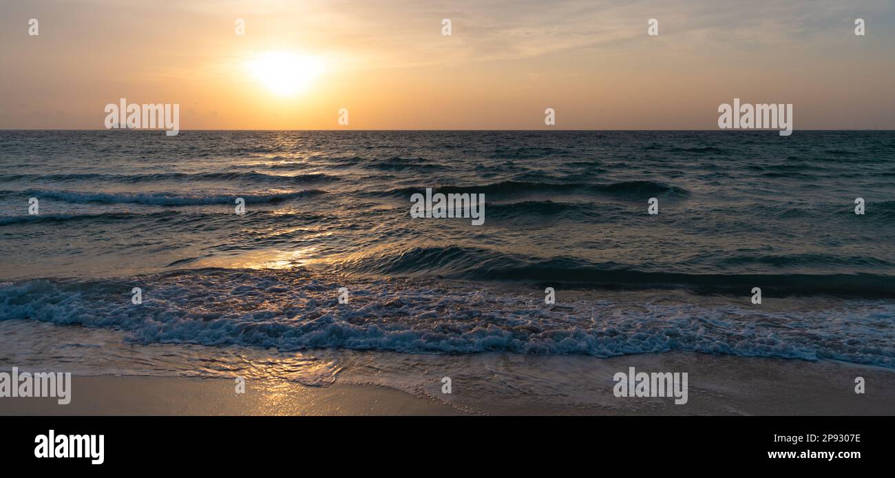 sunrise in ocean or sea at miami beach with silhouette of ship on ...
