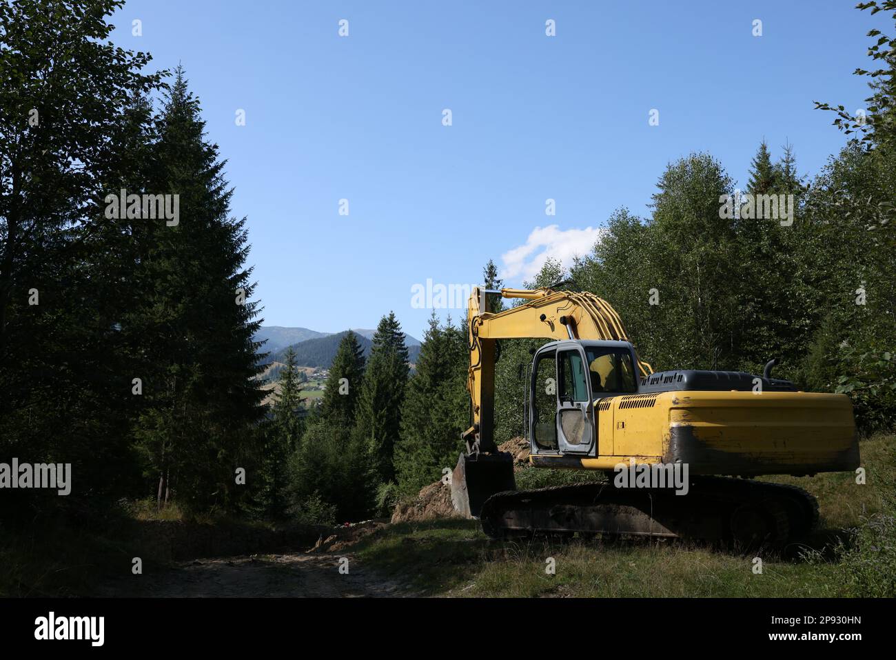 Crawler excavator near dirt road in forest Stock Photo - Alamy
