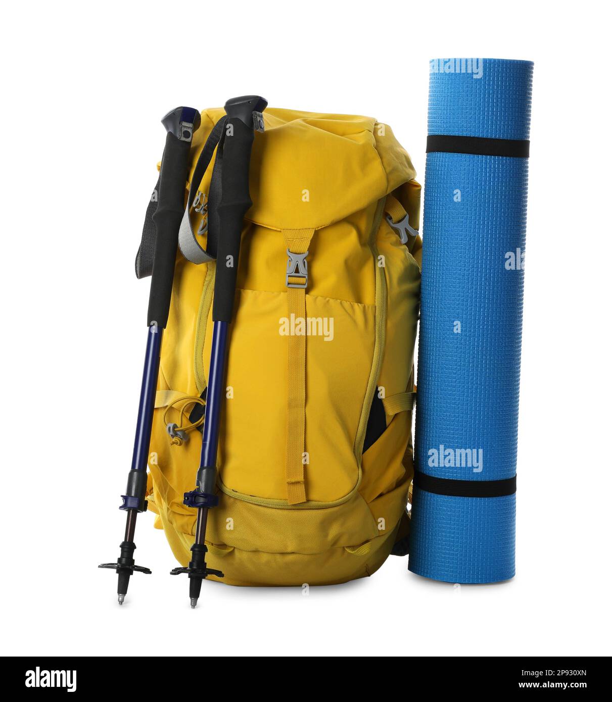 Trekking poles, backpack and camping mat on white background Stock ...