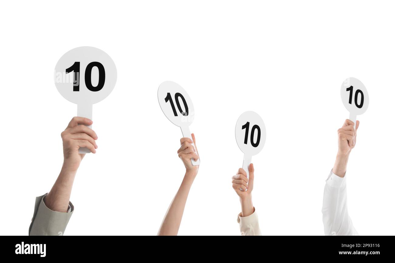 Panel of judges holding signs with highest score on white background ...