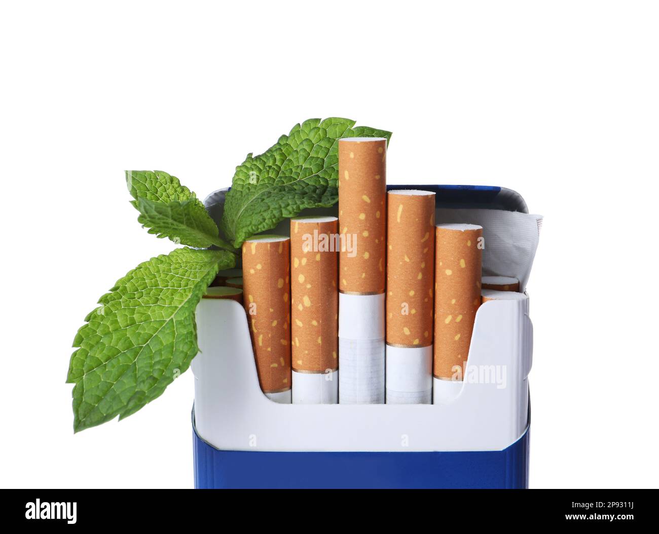 Pack of menthol cigarettes and fresh mint leaves on white background ...