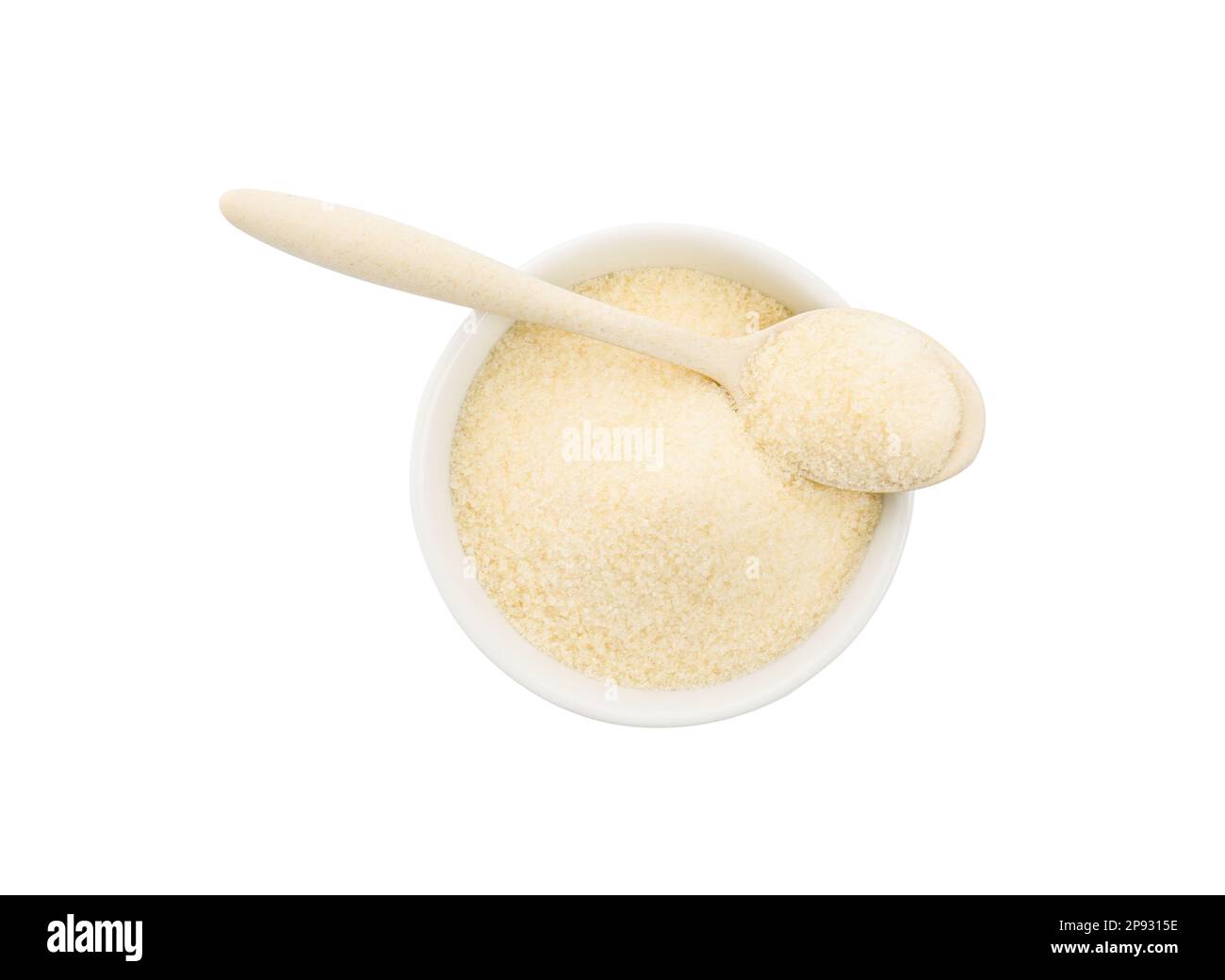 Gelatin powder in spoon and bowl isolated on white, top view Stock ...