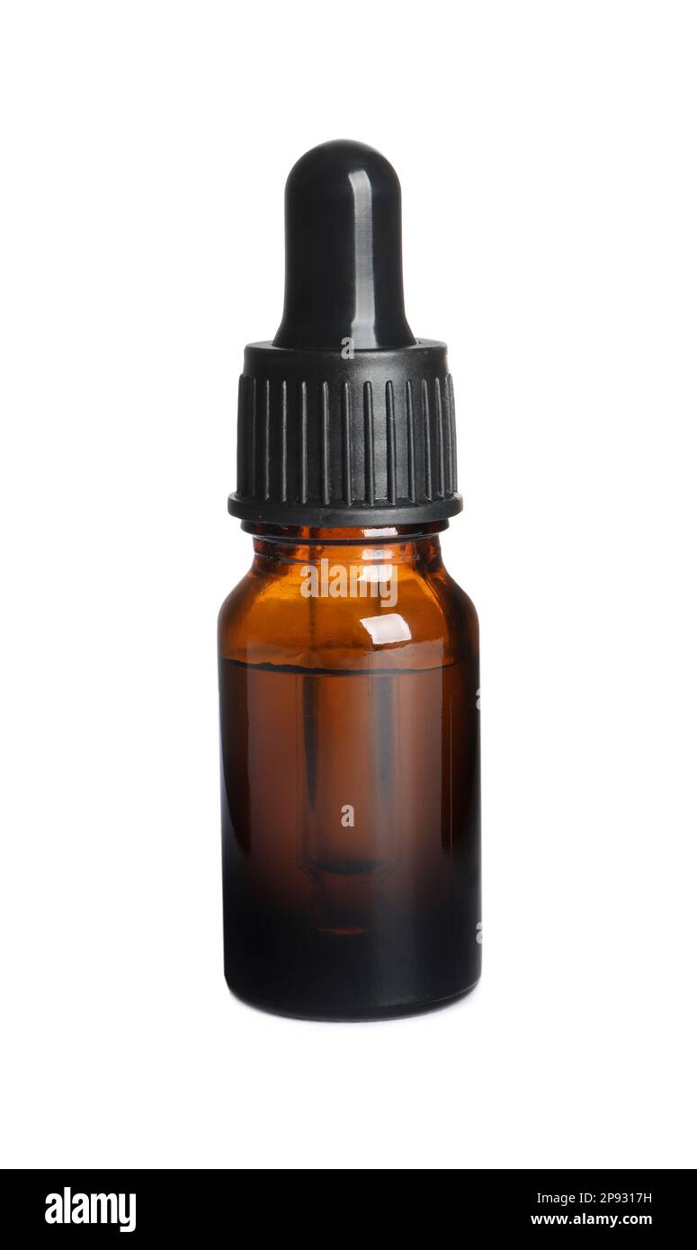 Glass bottle of essential oil on white background Stock Photo - Alamy